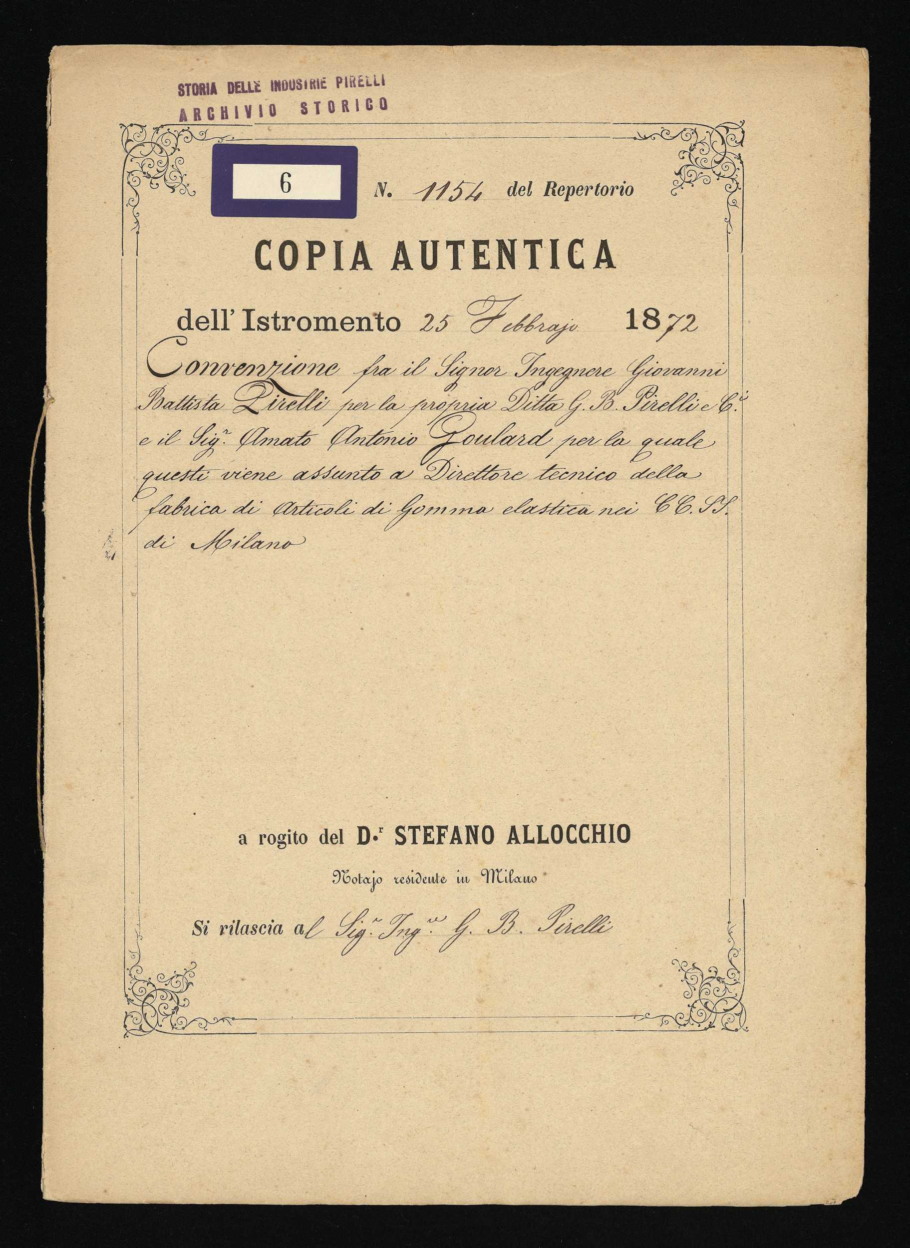 Convenzione tra la G.B. Pirelli & C. e Antonio Amato Goulard