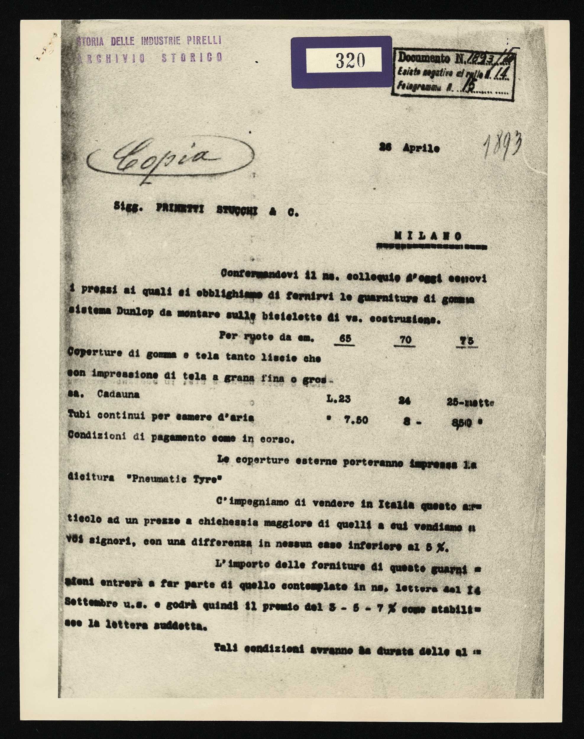 Lettera alla ditta Prinetti Stucchi & C. di Milano